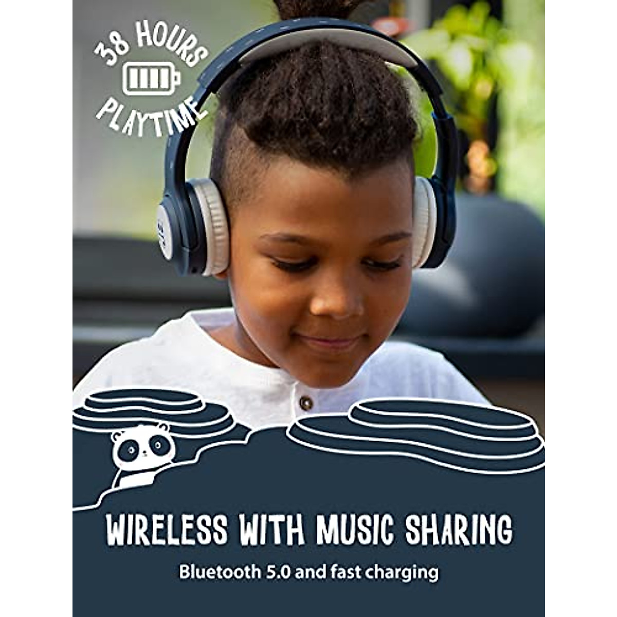 Planet Buddies Cute Panda On-Ear Bluetooth Headphones for Kids | Foldable Wireless Kids Headphones | Kids Headset with Microphone for Tablets and Phones | Child-Safe Volume for School, Music, & Calls