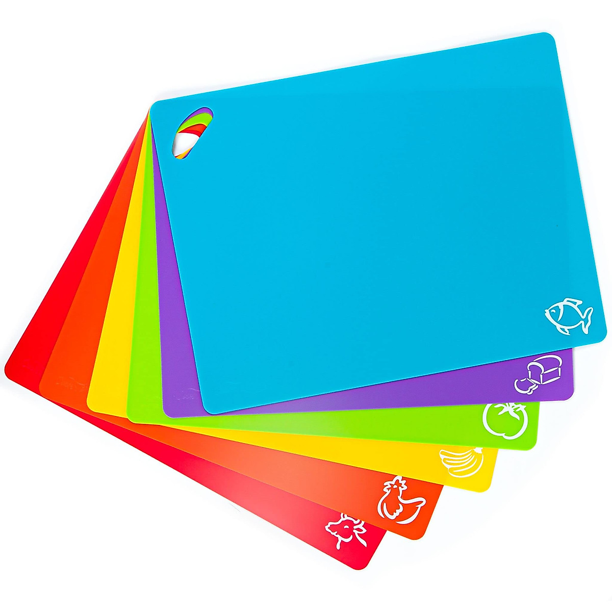 Extra Thick Flexible Plastic Cutting Board Mats with Holes for Hanging and Food Icons & EZ-Grip Waffle Back, (Set of 6) Dishwasher Safe