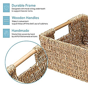 Large Wicker Basket Rectangular with Wooden Handles, Seagrass Basket Storage, Natural Baskets for Organizing, Wicker Baskets for Shelves 15.5 x 10.6 x 5.5 inches - 3 Pack