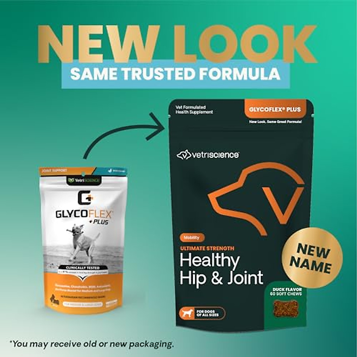 VetriScience Ultimate Strength Healthy Hip & Joint Chews, GlycoFlex Glucosamine, Chondroitin & Green-Lipped Mussel Joint Support Supplement for Dogs, Soothe Joint Discomfort, Duck, 60 Count