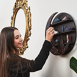 HOP SKIP Cat Moon Shelf - Crystal Display Shelf - 15.75” x 2.76” - Cat Moon Trinket Shelf - Pine Floating Shelves - Cat Gifts for Cat Lovers - Wiccan Décor