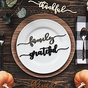 Whaline 12Pcs Fall Thanksgiving Plate Decoration Grateful Thankful Blessed Family Wooden Cutout Cards Sign Autumn Harvest Table Plate Ornament for Home Table Farmhouse Party Supplies