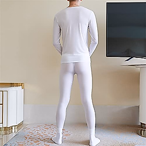 IYUNYI Men's Thermal Underwear Set, Ice Silk Feeling Long Johns, Winter Thin Base Layer Top & Bottom White