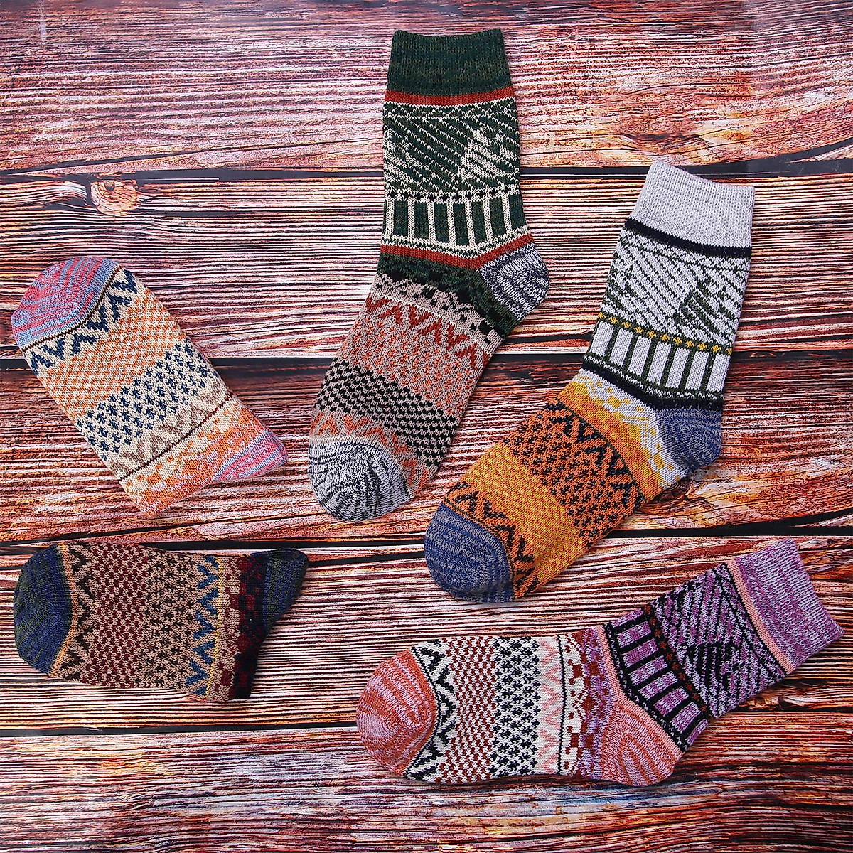 Loritta 5 Pairs Womens Wool Socks Thick Warm Soft Winter Knit Cozy Crew Socks Christmas Gifts,E-Stripe