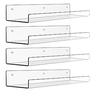 upsimples Clear Acrylic Shelves for Wall Storage, 15" Acrylic Floating Shelves Wall Mounted, Kids Bookshelf, Display Ledge Wall Shelves for Bedroom, Living Room, Bathroom, Kitchen, Set of 4