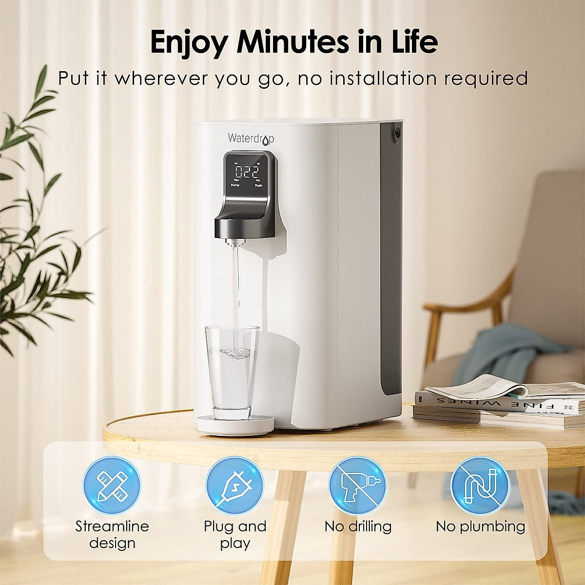 Waterdrop K19-S Countertop Reverse Osmosis Water Filter System, 3:1 Pure to Drain, Reduce PFAS, No Installation Required, BPA Free