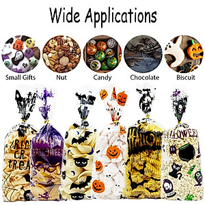 AouEtnay 120 Pcs Halloween Cellophane Treat Bags Candy Bags Halloween Goodie Bags with Tags Twist Ties for Goodie Cookie Candy Halloween Party Favor Supplies, 6 Styles