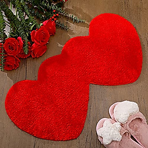 Valentines Day Heart Rug Double Heart Shaped Rug Decorative Non Slip Bathroom Rug Doormat Washable Love Shag Shower Mat Home Bedroom Living Room Entrance Welcome Floor Decor, 15.75 x 31.5 Inch (Red)