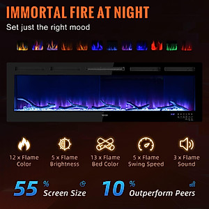 VEVOR Electric Fireplace, 60-inch Wall Mounted and Recessed Fireplace, Fit for 2 x 4 and 2 x 6 Stud, Adjustable Flame Colors and Speed with Remote Control & Timer, Compatible with Alexa, 1500 W, Black