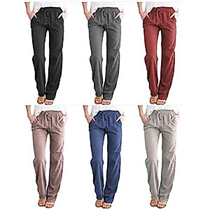 Womens Palazzo Linen Pants Wide Leg High Waisted Drawstring Casual Long Trousers Comfy Elastic Waistband Pants (Blue,Small)