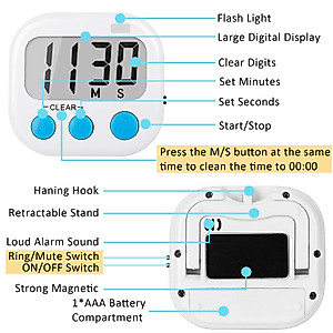 Timer for Kids Teachers Digital Kitchen Timers for Cooking Large Magnetic Classroom Timer 2Pack-White Blue