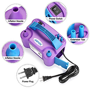 AGPTEK Electric Air Balloon Pump, 110V 600W Purple Portable Dual Nozzle Inflator/Blower for Party Decoration,with 2 Balloon Tying Tool