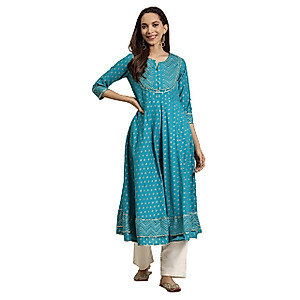 Yash Gallery Women's Cotton Blend Floral Print Anarkali Kurta (Blue)