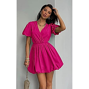 PRETTYGARDEN Women's Summer Puff Sleeve Short Mini Dress Flowy Ruffle V Neck A Line Wrap Dresses (Rose Red,Small)
