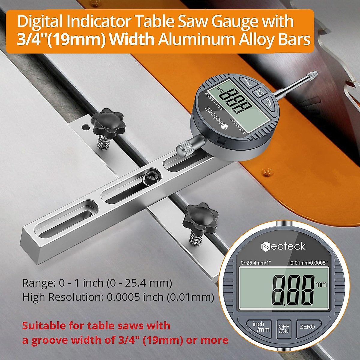 Neoteck 0-1'' Digital Dial Indicator Table Saw Gauge Suitable for Table Saws with a Groove Width of 3/4" (19mm) or more for Aligning and Calibrating Work,Shop Machinery,Band Saw and Drill Press-Silver
