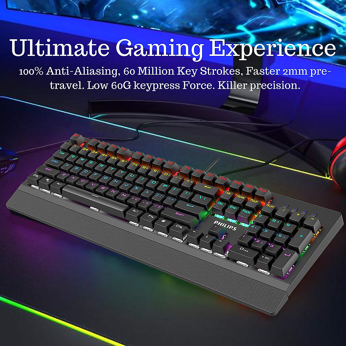 Philips Mechanical Gaming Keyboard- RGB LED Backlit Wired Keyboard with Blue Switches for Gaming, PC- Full Key N-Rollover- Anti Ghosting