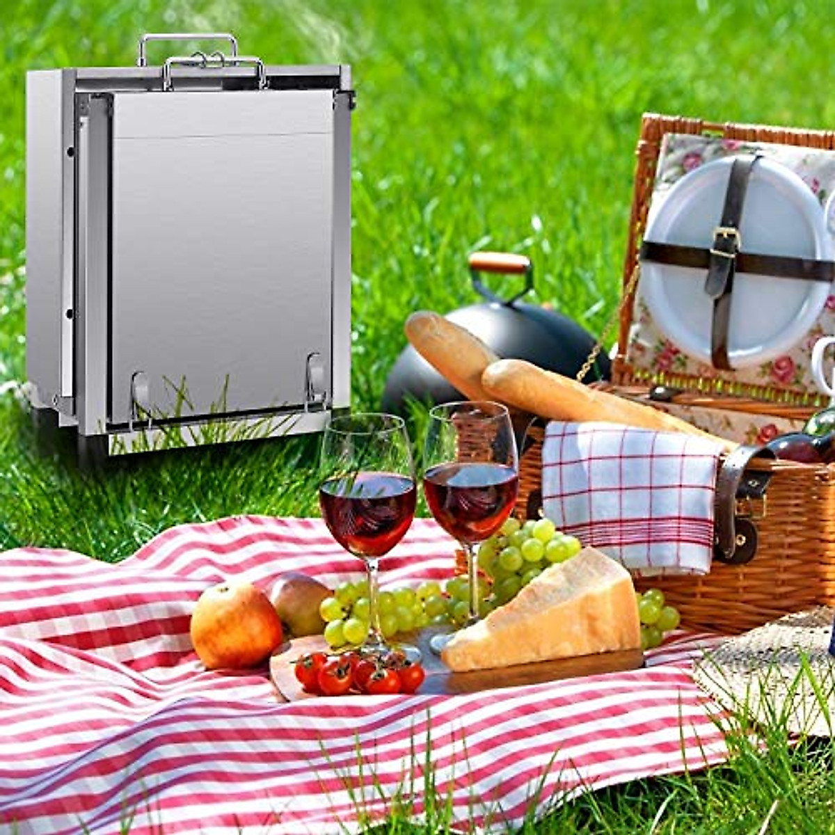 Portable Charcoal Grill Foldable Stainless Steel 24" x 12" x 26" Kebab Skewer BBQ Barbecue Camping Grill Kit for Garden Backyard Home Outdoor Cooking Use