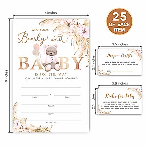 Baby Shower Invitations, Diaper Raffle Tickets and Baby Shower Book Request Cards, Bear Boho Floral Baby Gender Reveal Party Supplies, Gender Neutral Baby Shower Decorations - 25 Sets(YQKTZ-013)