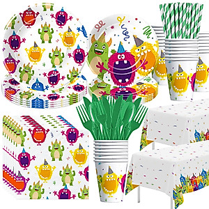 Xigejob Monster Birthday Party Supplies - Monster Party Decorations Tableware, Plate, Cup, Napkin, Tablecloth, Cutlery, Monsters Theme 1st 2nd 3rd Birthday Baby Shower Decorations Dinnerware| Serve 24