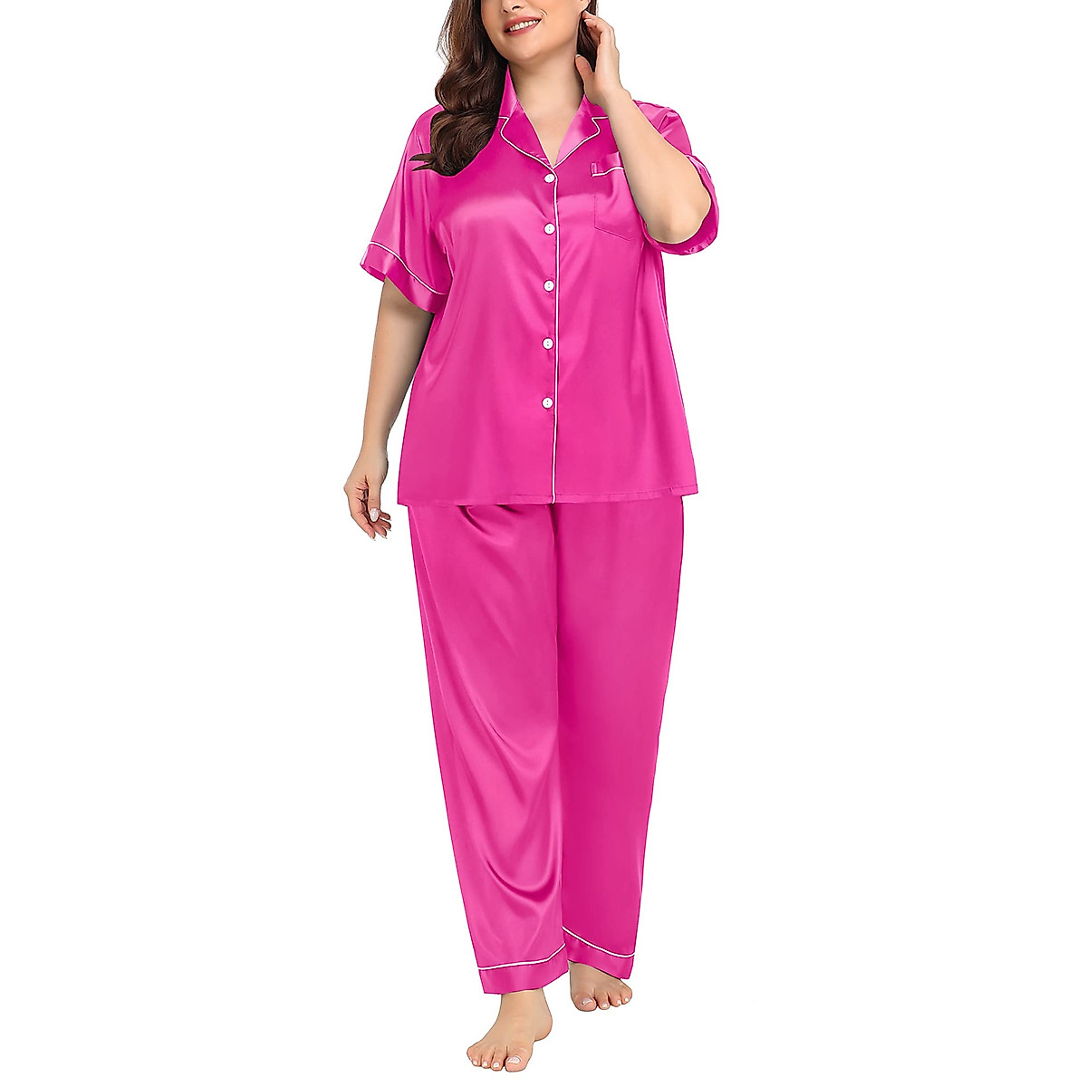 SWOMOG Satin Pjs for Women Plus Size Pj Set Summer Pajamas Smooth and Soft Pajama Set Comfy Nightwear 24W Rose Red