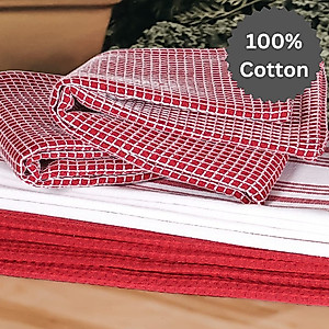 Urbana Cotton Set of 6 Assorted Waffle Kitchen Towels 100% Cotton Super Soft Absorbent Reusable Cleaning Cloths Machine Washable Weave Tea Towel with Hanging Loop (Red & White, 16 X 26 Inches)
