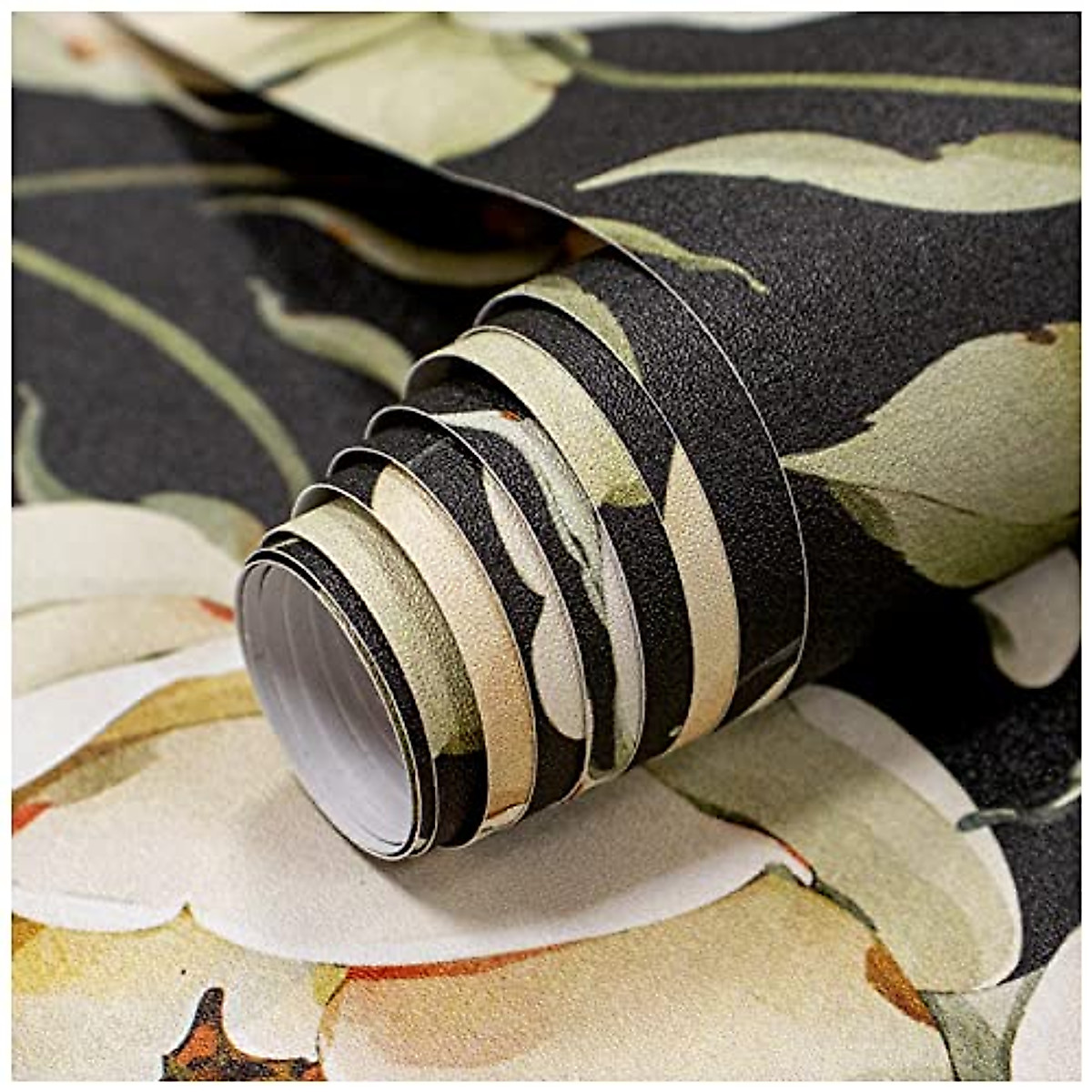 HAOKHOME Peel and Stick Wallpaper Floral Vintage Roses Peonies Contact Paper Removable Black/Beige/Olive Self Adhesive Mural 17.7in x 9.8ft