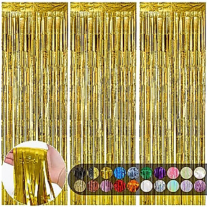 RUBFAC 3pcs 3.3x8.2 Feet Gold Fringe Backdrop Curtains,Tinsel Streamers Birthday Party Decorations,Fringe Backdrop for Birthday Women Bachelorette Wedding Party Decor