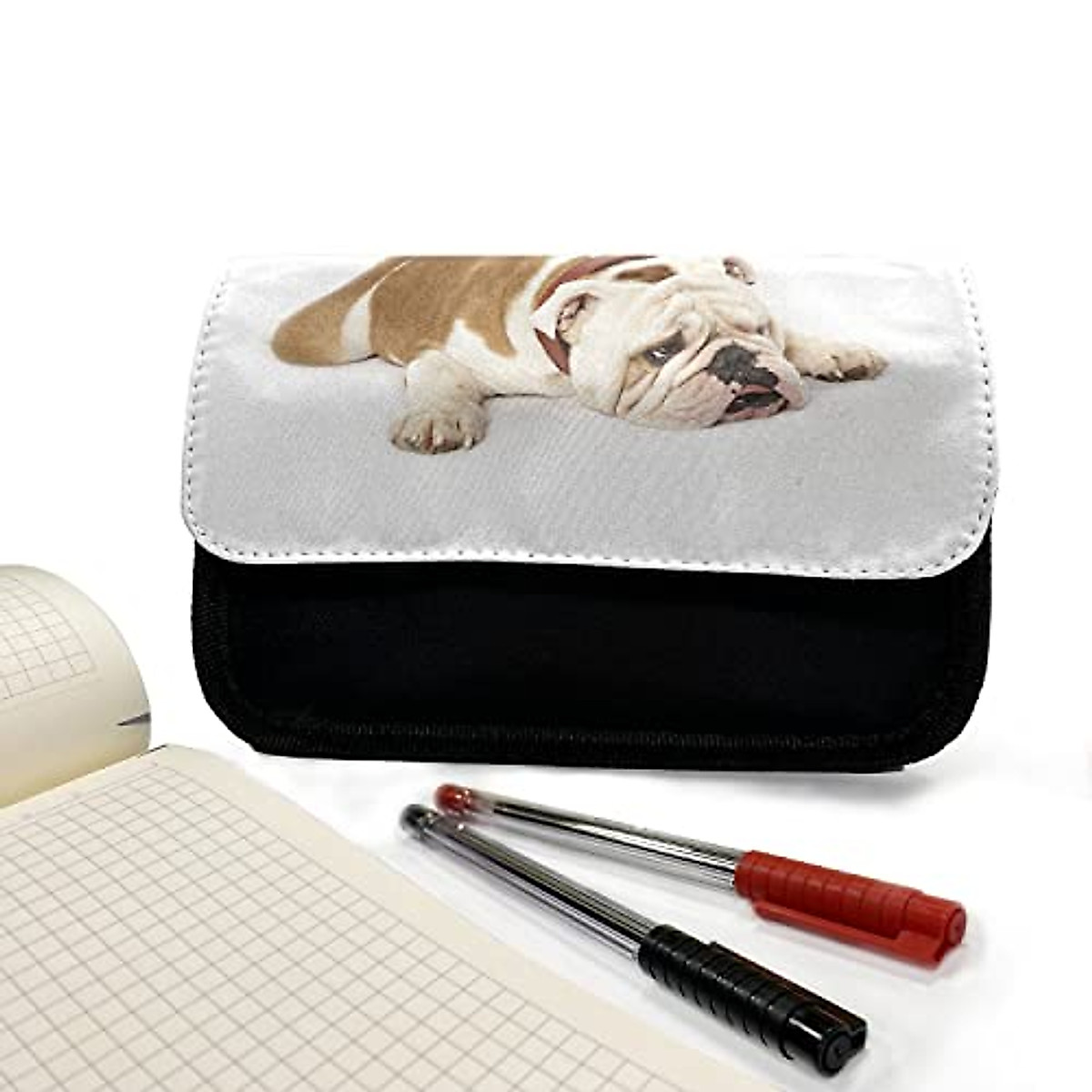 Ambesonne English Bulldog Pencil Case, Sad Animal, Fabric Pen Pencil Bag with Double Zipper, 8.5" x 5.5", Cream Brown
