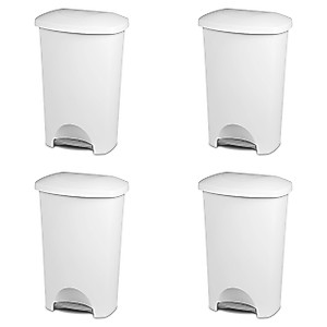 Sterilite 10968004 11 Gallon/42 Liter StepOn Wastebasket, White Lid & Base w/ Titanium Pedal, 4-Pack