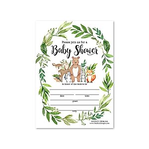 25 Greenery Woodland Baby Shower Invitations, Sprinkle Invite For Boy or Girl, Coed Rustic Gender Reveal Neutral Theme, Cute Deer Bunny Fill Write In Blank Printable Card, Animal Party DIY Supplies