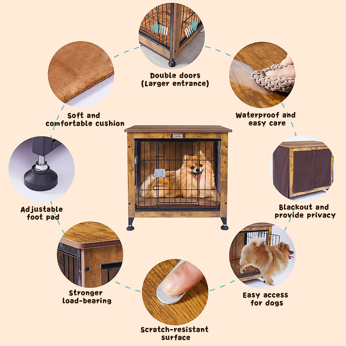COPAW Dog Crate Furniture - 27 Inch Wooden Wire Pet Kennels with Double Doors Cushion and Adjustable Feet Indoor Pet House End Table Furniture Style Dog Crate for Small Medium and Large Breeds Dogs