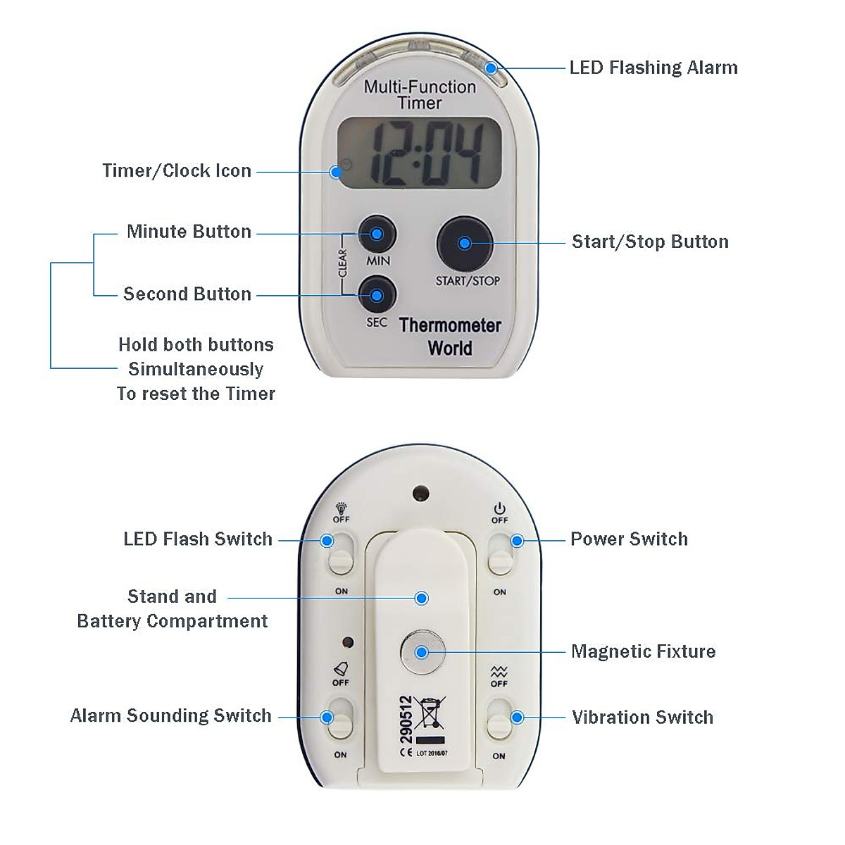 Visual Timer Multi Function with Vibrating Audible and Flashing Alarm - Countdown Timer Ideal for The Visually and Hearing Impaired
