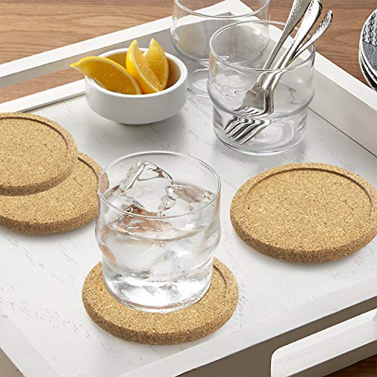 Geobom Natural Lip Cork Coasters for Drinks with Grooved Round Edge Set of 2 Absorbent Heat & Water Resistant Reusable Durable Saucers Bar Glass Cup & Mug Housewarming Gift (2)