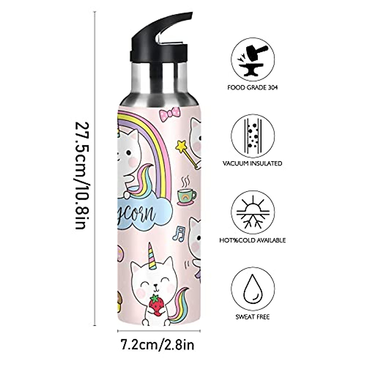 Cute Rainbow Kitty Cat Unicorn Sports Water Bottles with Straw Insulated Stainless Steel Vacuum Flask Keeps Hot and Cold for Kids Adult Travel