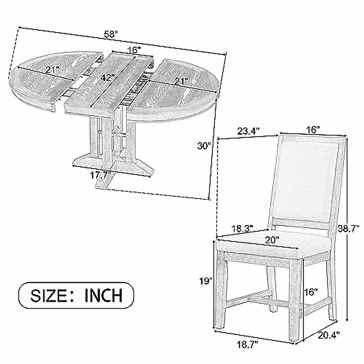POCIYIHOME 4 Upholstered Farmhouse Round 16" Leaf, Set of 5, Family Chair Restaurant, Kitchen (Natural Wood Wash), 5 Piece Extendable Dining Table Set