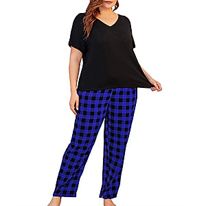KAMONG Women Plus Size Pajamas Set Plaid Lounge Pants V-Neck Long/Short Sleeve Cotton T Shirt 2 Piece Sleepwear Blue