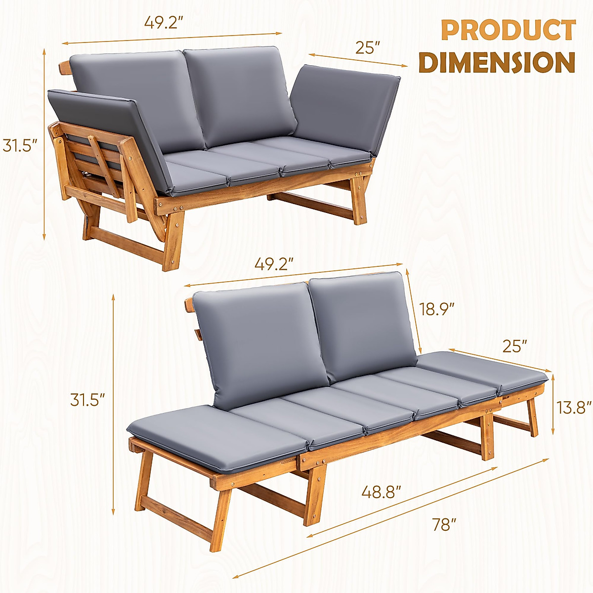 Greesum Patio Convertible Couch Sofa Bed with Adjustable Armrest, Acacia Wood Outdoor Daybed with Cushion & Pillow, Folding Chaise Lounge Bench for Porch Courtyard Poolside，Gray
