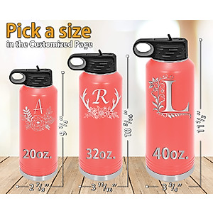 Customized Water Bottles with Flip-Top Lid and Straw, Personalized Stainless Steel Sports Thermos Engraved Monogram – Teacher, Birthday, Holiday, Corporate Gifts 20oz., 32oz. (Coral)