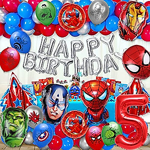 16PCS Superhero Birthday Party Balloons Spider Foil Balloons，Children's Superhero Theme 5th Birthday Party Decorations (5 Years old)