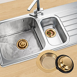 RQYEKDO Kitchen Sink Strainers Sink Stopper Kits, Stainless Steel Sink Drain Strainer Set, Large Wide Rim 4.5" Diameter Food Catcher Garbage Disposal Plug for Most Sink Drains Basket Filter（Gold）