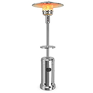 COSTWAY Patio Heater, 48000 BTU Propane Heater with Drink Shelf Tabletop, Simple Ignition System, Base Reservoir and Wheels, Standing Outdoor Space Heater for Patio, Garden and Backyard (Silver)
