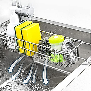 iBigLY Telescopic Kitchen Sink Caddy Sponge Holder, Expandable(12''-19'') Brush Soap Storage Rack with Dish Cloth Hanger, Stainless Stee Kitchen Sink Organizer, No Drilling