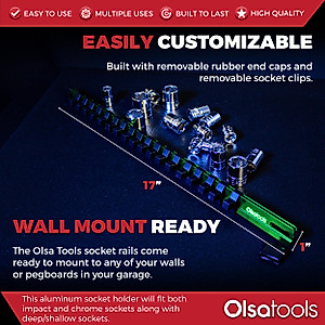 Olsa Tools Socket Organizer (1/4-Inch Drive, Green) - Socket Storage Rails for Mechanics - Socket Holder and Socket Rail - Holds 24 Chrome or Impact Sockets - Professional-Grade - Part: 1103