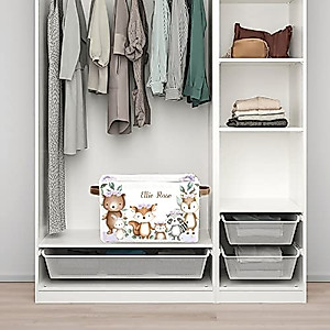 Woodland Animals Purple Flower Personalized Storage Bins,Foldable Baskets Organizer with Handle for Nursery Pet Toy Clothes Box 1 Pack