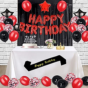 Fancypartyshop 16TH Birthday Party Decorations Supplies Red Black Later Balloons Happy Birthday Cake Topper Sash Foil Black Curtains Foil Star Balloons Number Red 16