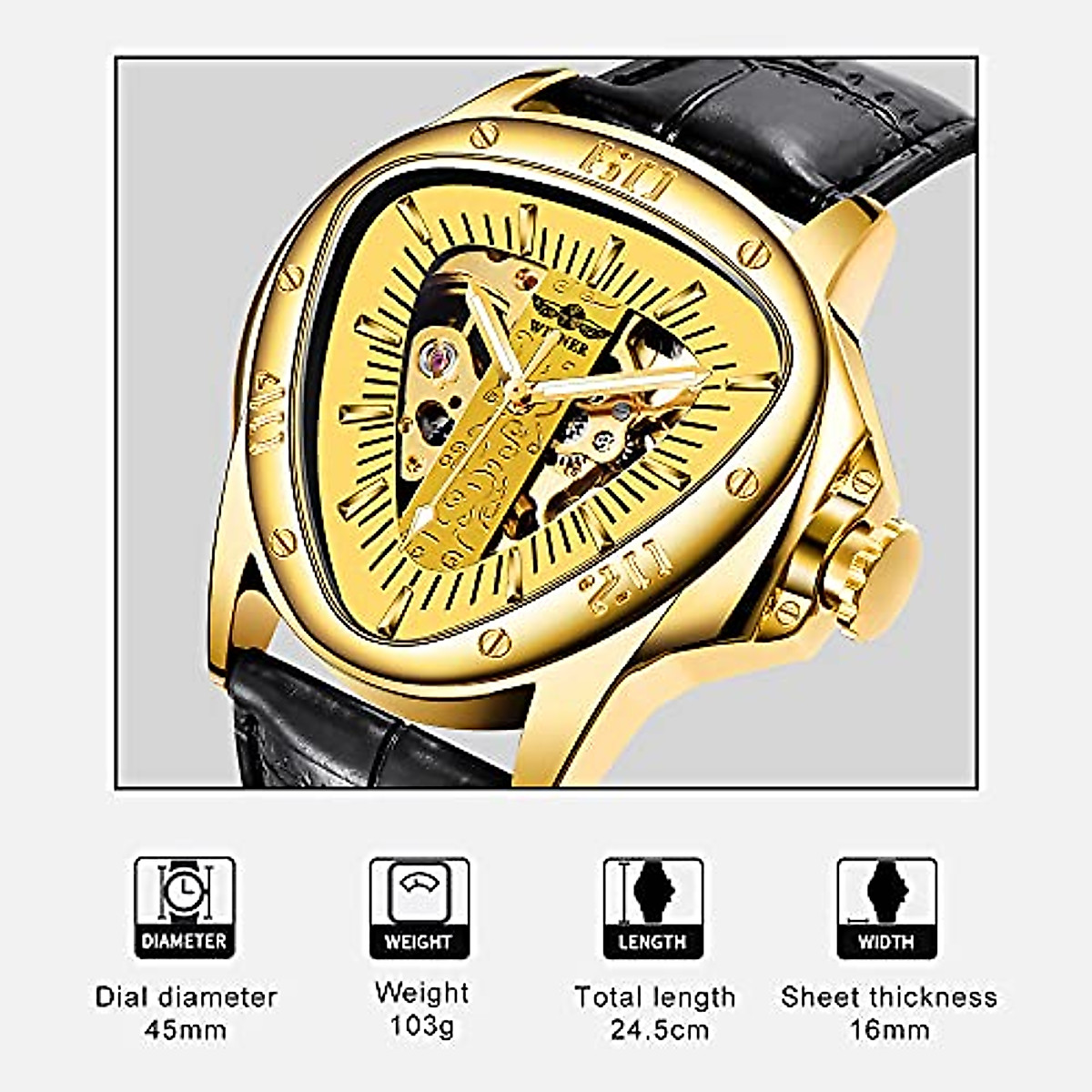 BOSNI Triangle Men Mechanical Wristwatches Luxury Golden Dial Automatic Watch Men Skeleton Wrist Watches