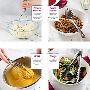 FineDine Stainless-Steel Kitchen Utensil Set - 10-piece premium Nonstick & Heat Resistant Gadgets, Turner, Spaghetti Server, Ladle, Serving Spoons, Whisk, Tongs, Potato Masher & Utensil Holder