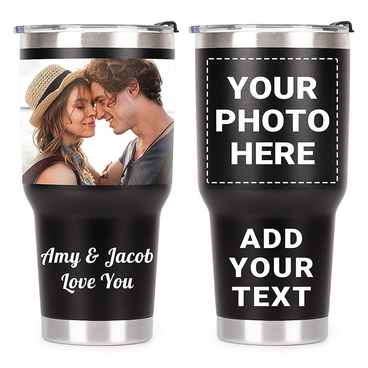 Customizedbee Personalized Tumbler with Picture Text Name Logo, 30oz Stainless Steel Custom Coffee Mug cup with Lid Straw, Anniversary Wedding Thanksgiving Christmas Birthday Gifts for Women Men Kid