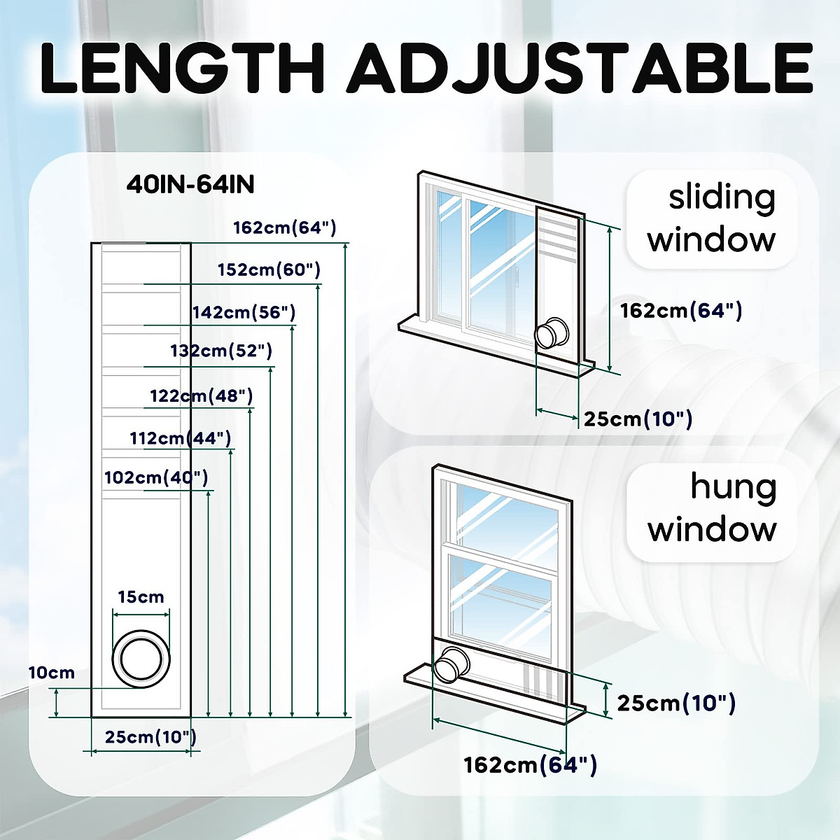 LOVIGA Portable Air Conditioner Window Kit, Window Vent Kit Seal Kit for Portable Air Conditioner Dryer, 10x40~64 Inch Length Adjustable 2022 Upgraded 100% Sealing Waterproof Easy to Install