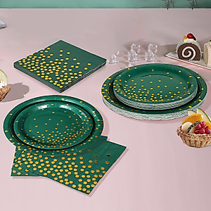 Boocikey 150 PCS Green Plates and Napkins Party Supplies,Golden Dot Green Paper Plates for 50 Guests,Green and Gold Party Decorations for Holiday Wedding Graduation Christmas Party Decorations
